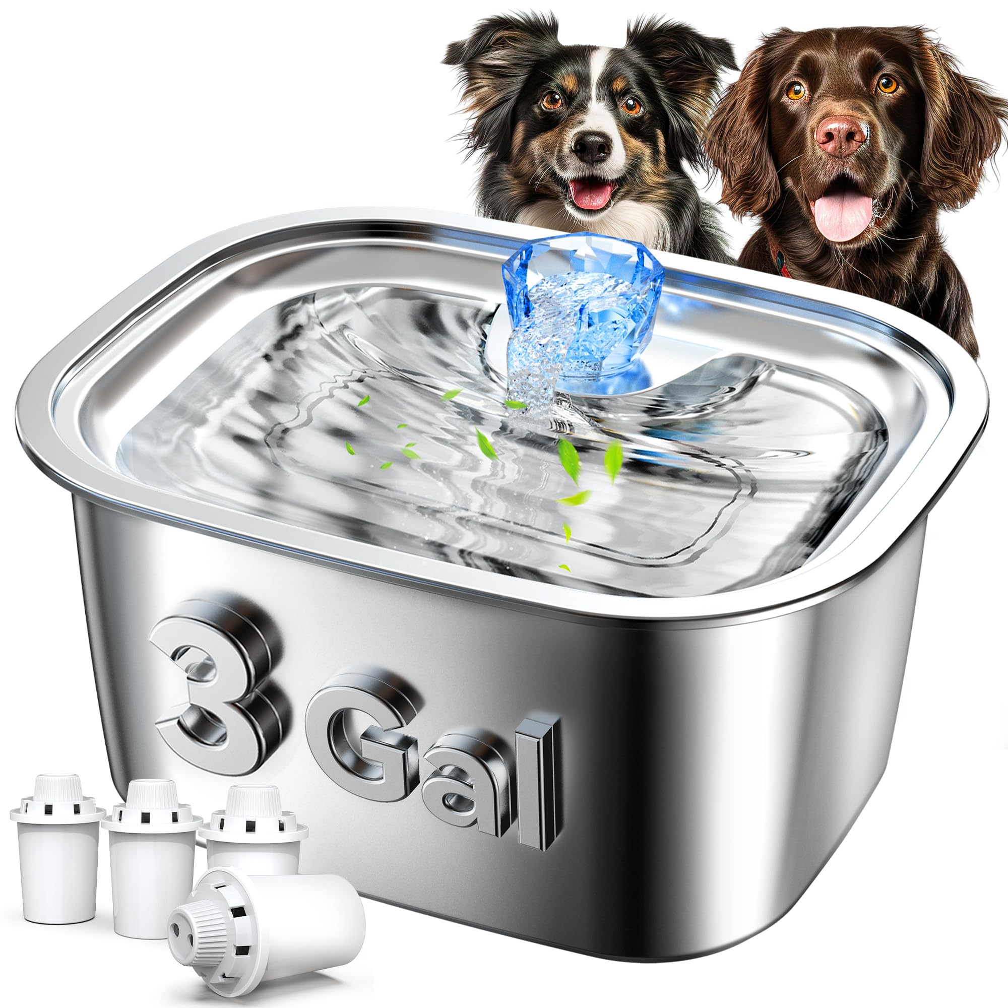 Stainless Steel Large Dog Water Fountain for Large Dogs,3Gallon Extra Large Capacity Big Pet Water Fountain with 4 Filters,Automatic Dog Fountain Water Bowl Dispenser Indoor,Quiet Pump,Dishwasher Safe