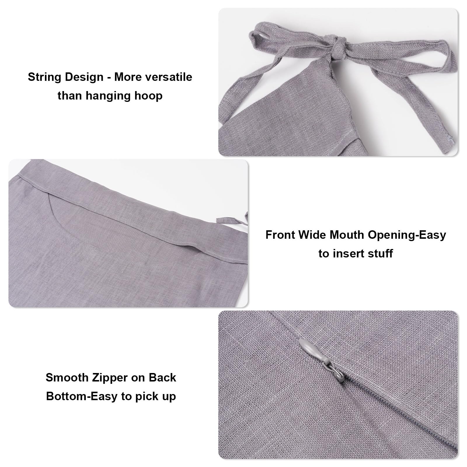 HSOFTIFY 100% Pure Linen Hanging Laundry Bag with String Design and Zipper, Over The Door Laundry Hamper Space Saving Hampers for Dirty Clothes Home Travel, Grey