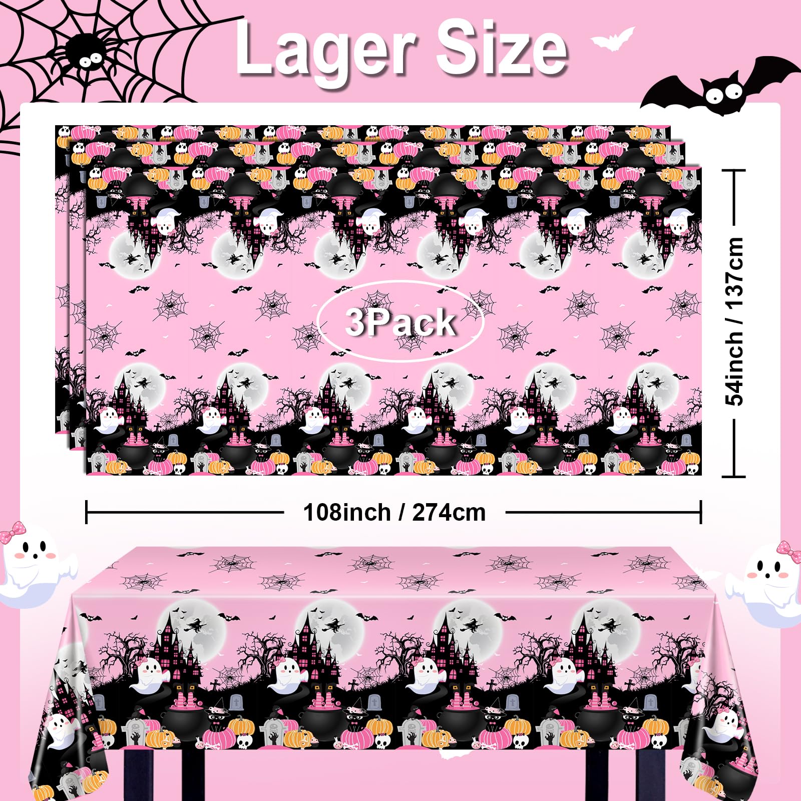 Avezano 3 pcs Halloween Tablecloth Halloween Party Tablecloth Happy Boo Day Halloween Tablecover Girl Boo Baby Shower Halloween Tablecloth Plastic Pink Halloween Decorations 108x54 Inch