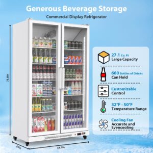 PrecisionAuto Commercial Merchandiser Refrigerator with 2 Glass Doors, 27.1 Cu.Ft, Display Beverage Cooler Fridge with LED Lighting for Bar Restaurant Cafe, ETL NSF Certified, White