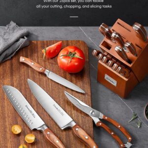 Knife Set with Block, 16 Pcs Stainless Steel Kitchen Knife Set with Sharpener & Wooden Block, Knife Block Set with Wood Handle, Chef, Santoku, Bread, Utility, Paring & Carving Fork Knife, Brown