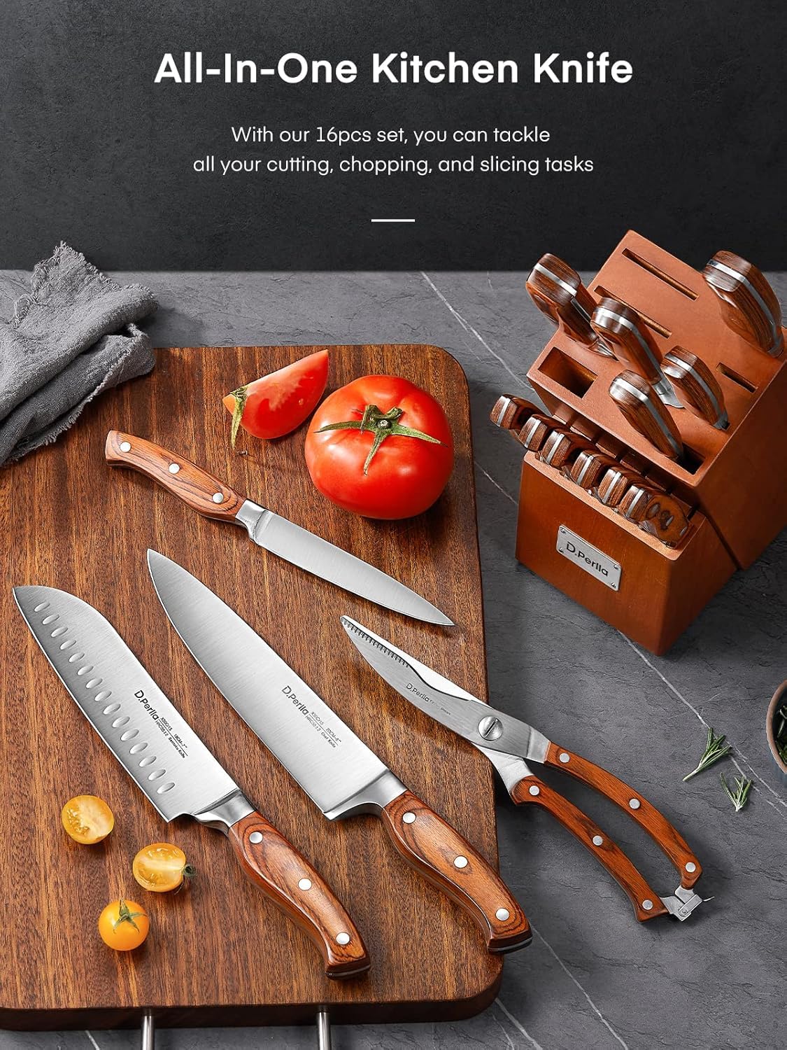 Knife Set with Block, 16 Pcs Stainless Steel Kitchen Knife Set with Sharpener & Wooden Block, Knife Block Set with Wood Handle, Chef, Santoku, Bread, Utility, Paring & Carving Fork Knife, Brown