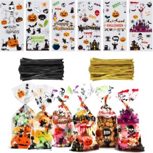 yiyatoo halloween treat bags,120pcs halloween cellophane treat bags,halloween candy bags with 140pcs black and gold twist ties,trick or treat goodie bags for halloween party supply-10.6 * 5.1 inch