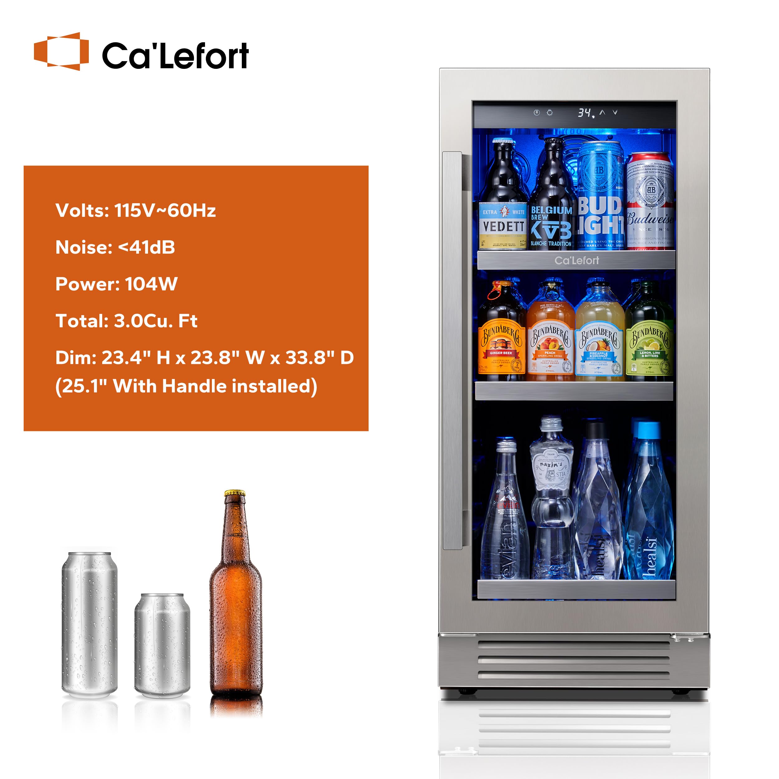 Ca'Lefort 15 Inch Beverage Refrigerator, 100 Can Beverage Fridge 34°F -54°F, Drink Fridge Glass Door 3 LED Drink Fridge Built in or Freestanding for Home/Kitchen(3.0 cu.ft)