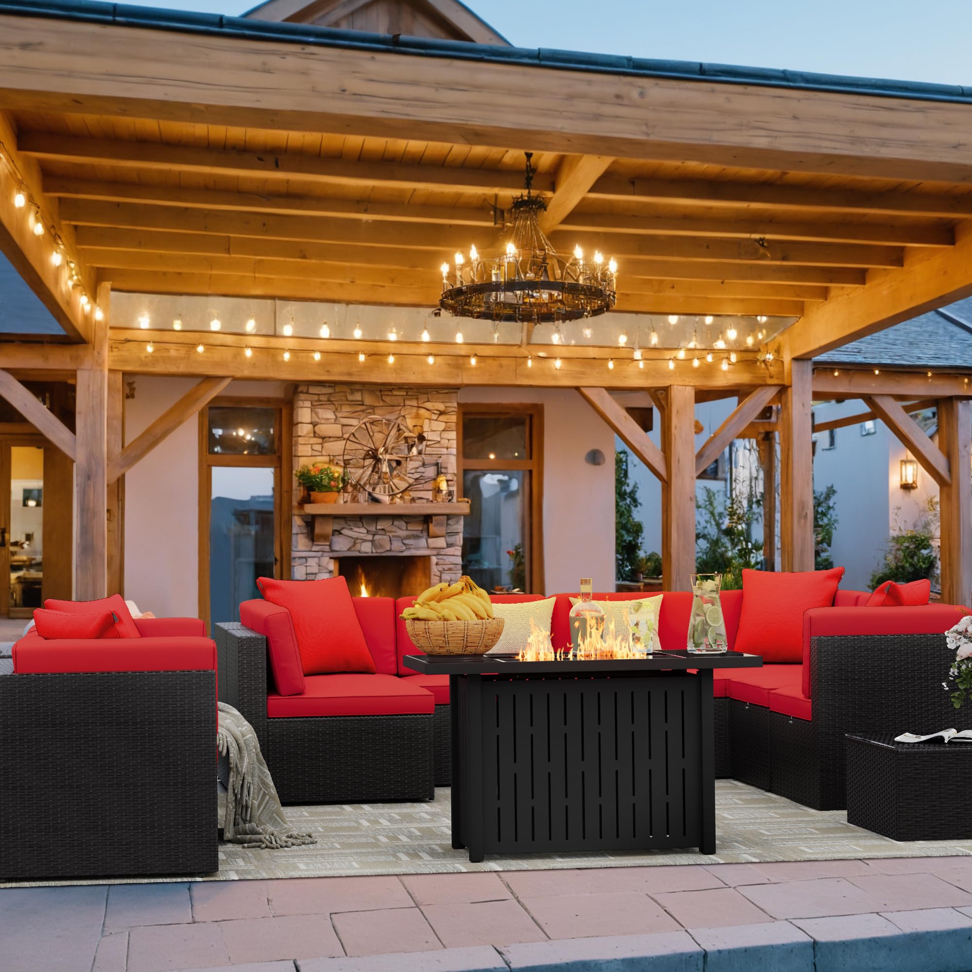 Greesum Patio Furniture Sets 13-Pieces Outdoor PE Rattan Sectional Sofa w/43in Gas Fire Pit Table 55000 BTU Add Warmth to Gatherings Parties On Deck Garden Backyard, Red