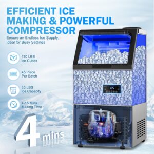 Commercial Ice Maker Machine 130Lbs/24H, Undercounter/Freestanding Ice Machine, 45 Ice Cubes in 4-15 Minutes, 35 lbs Ice Storage, 2 Water Supply Modes - Perfect for Home, Bar, and Outdoor