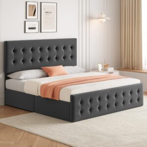 GAOMON King Size Bed Frame with 4 Storage Drawers and Headboard, Linen Upholstered Platform Bed Frame with Wooden Slats Support, Button Tufted Design, No Box Spring Needed, Dark Grey