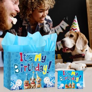 Dog Birthday Gift Bag for Dog Birthday Party Supplies, Large Dog Birthday Wrapping Bag with Tissue Paper and Greeting Card Dog Paw Print Gift Bags for Puppy Theme Party Dog Paw Birthday Decorations