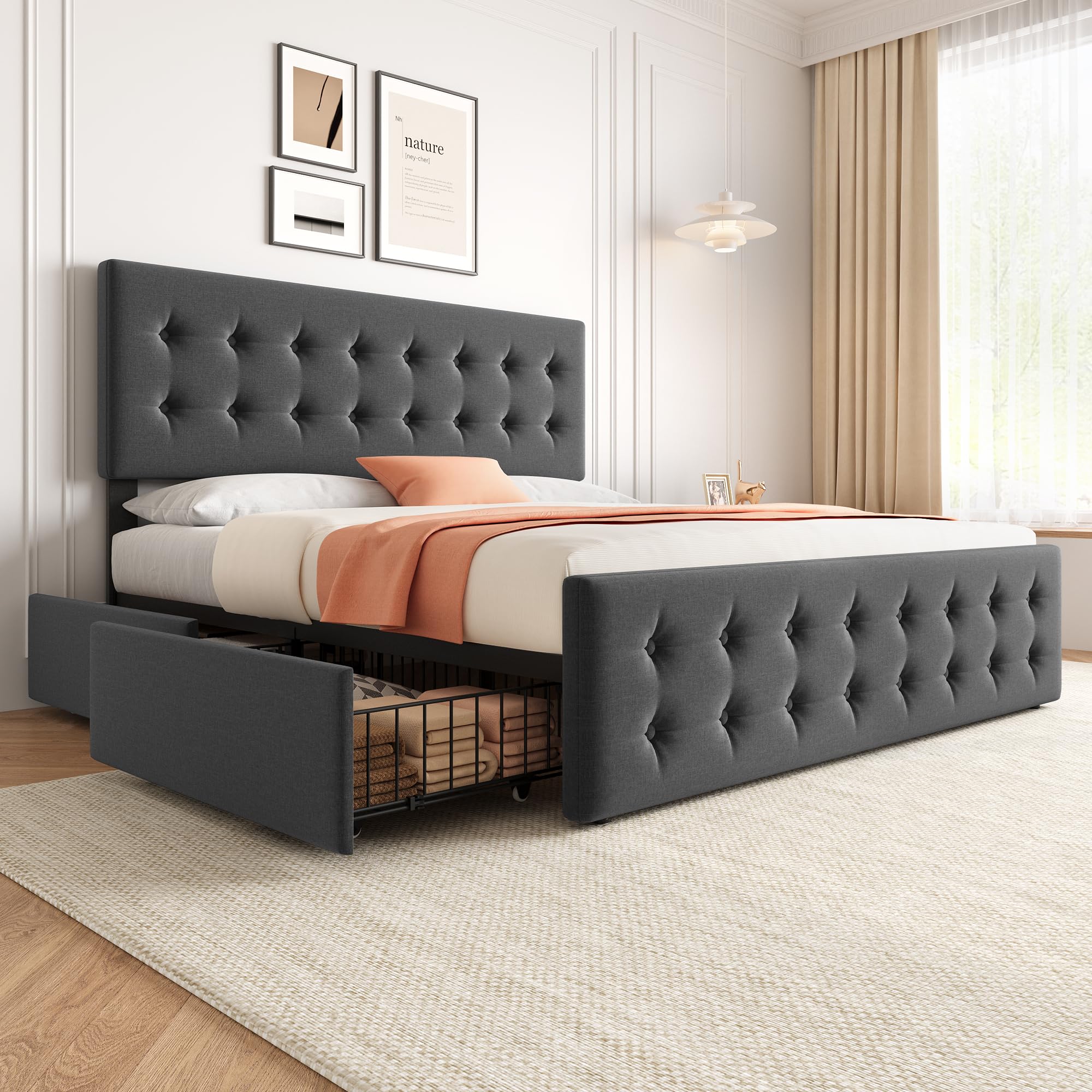 GAOMON King Size Bed Frame with 4 Storage Drawers and Headboard, Linen Upholstered Platform Bed Frame with Wooden Slats Support, Button Tufted Design, No Box Spring Needed, Dark Grey