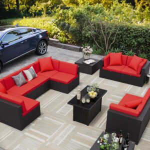 Greesum Patio Furniture Sets 13-Pieces Outdoor PE Rattan Sectional Sofa w/43in Gas Fire Pit Table 55000 BTU Add Warmth to Gatherings Parties On Deck Garden Backyard, Red