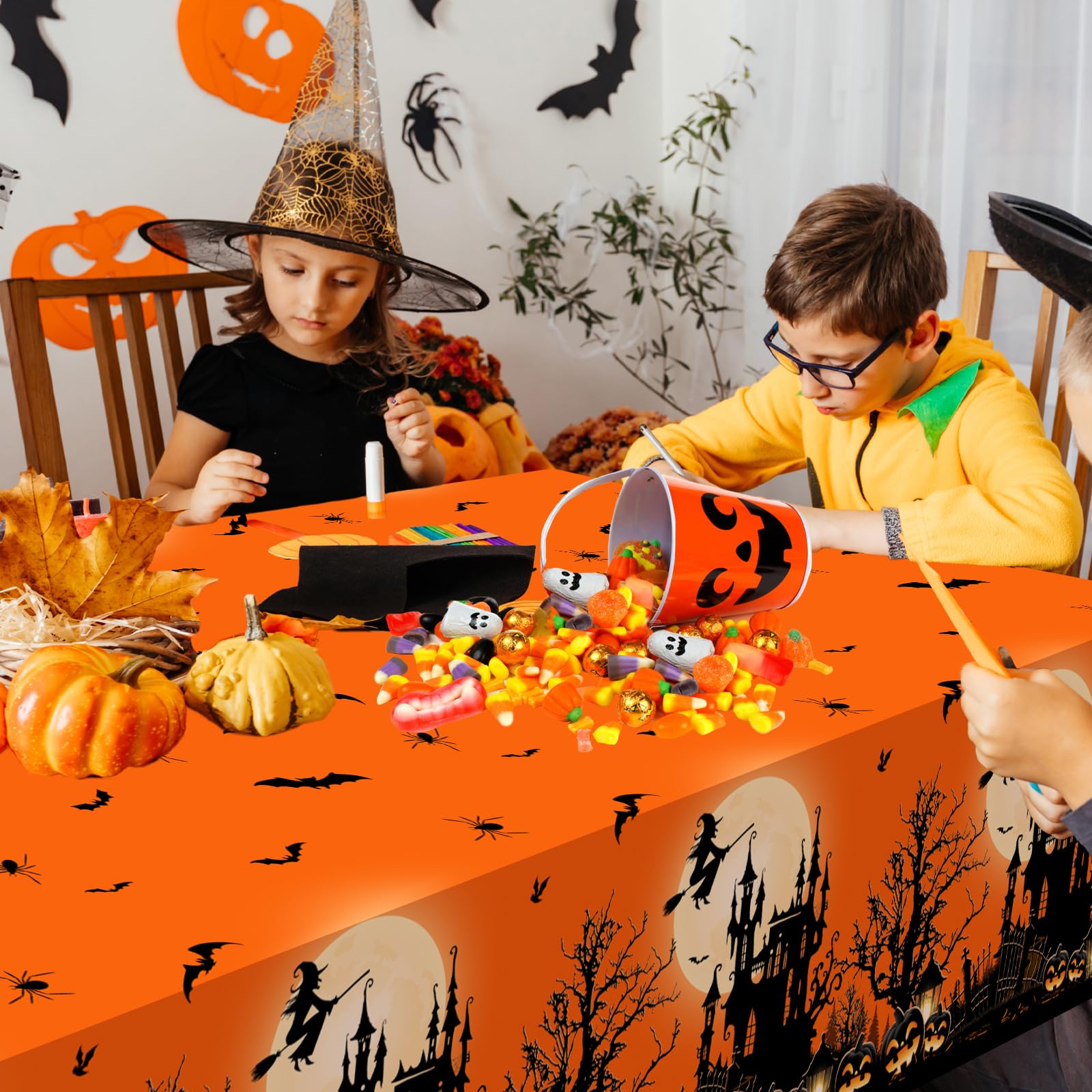 Avezano 3 pcs Halloween Tablecloths Halloween Table Cloth Rectangle Full Moon Scary Night Castle Halloween Party Table Cover 108x54 Inch (Orange)