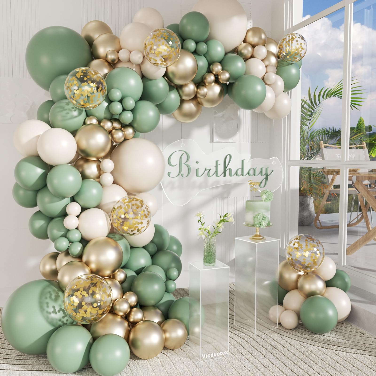 147pcs Sage Green Balloon Arch Kit, Sage Green Gold Sand White Balloons for Wedding Engagement Anniversary Bridal Shower Baby Shower Birthday Party Decorations