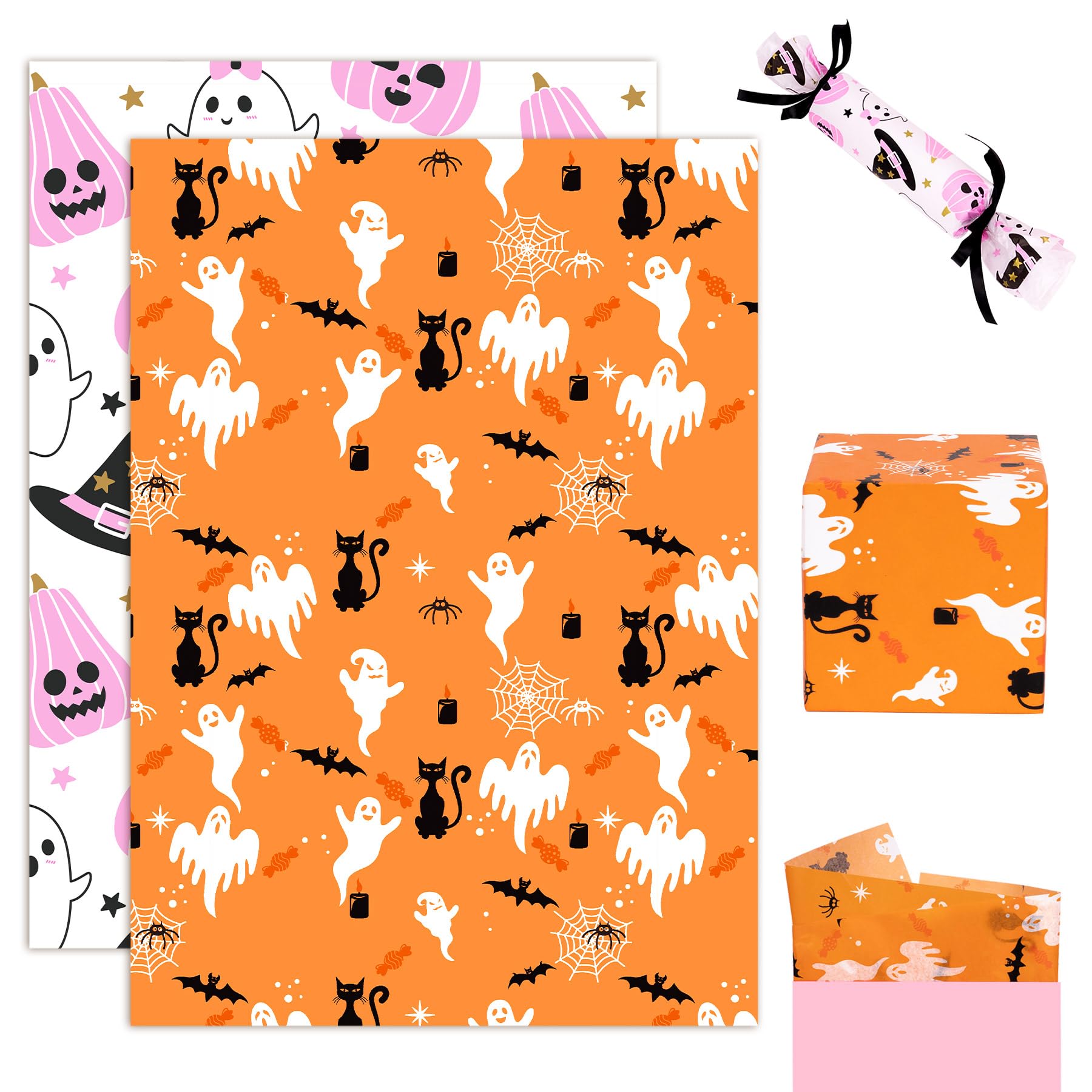 Rancco 60 Sheet Halloween Tissue Paper, Gift Wrapping Paper, Pink Pumpkin Ghost Decorative Tissue Paper for Home Holiday Birthday Party, DIY Craft Paper for Halloween, 19.7×11.8''