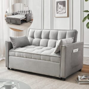 fenfshe futon sofa bed, modern velvet 3 in 1 convertible sleeper sofa couch bed, pullout couch bed with adjustable backrest, storage pockets and toss pillows for living room, bedroom (grey)