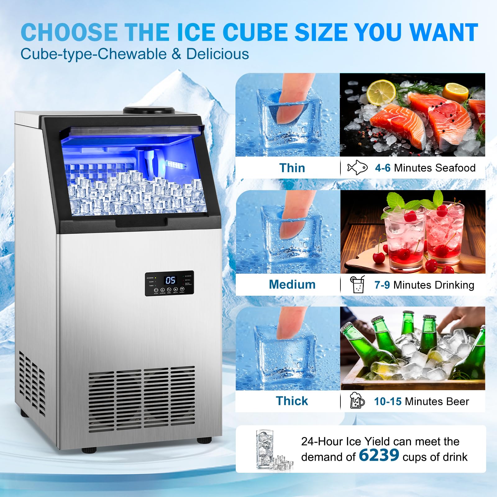 Commercial Ice Maker Machine 130Lbs/24H, Undercounter/Freestanding Ice Machine, 45 Ice Cubes in 4-15 Minutes, 35 lbs Ice Storage, 2 Water Supply Modes - Perfect for Home, Bar, and Outdoor