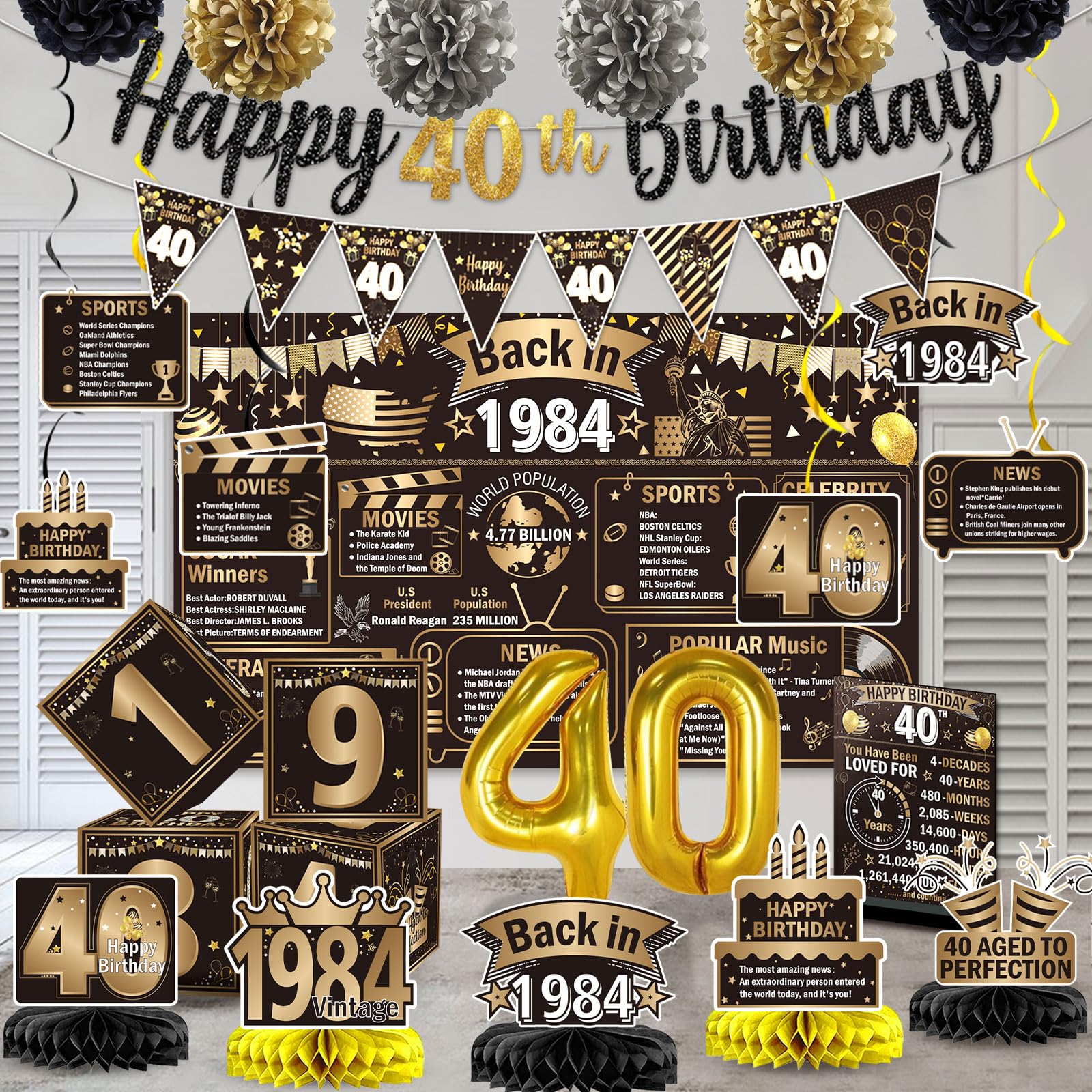 40th Birthday Decorations for Men 47Pcs 40 Birthday Banner Happy 40th Birthday Decorations 1984 Birthday Decorations with Back in 1984 Banner 40 Balloons 1984 Card Boxes Cake Topper Poms