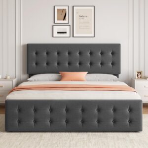 GAOMON King Size Bed Frame with 4 Storage Drawers and Headboard, Linen Upholstered Platform Bed Frame with Wooden Slats Support, Button Tufted Design, No Box Spring Needed, Dark Grey