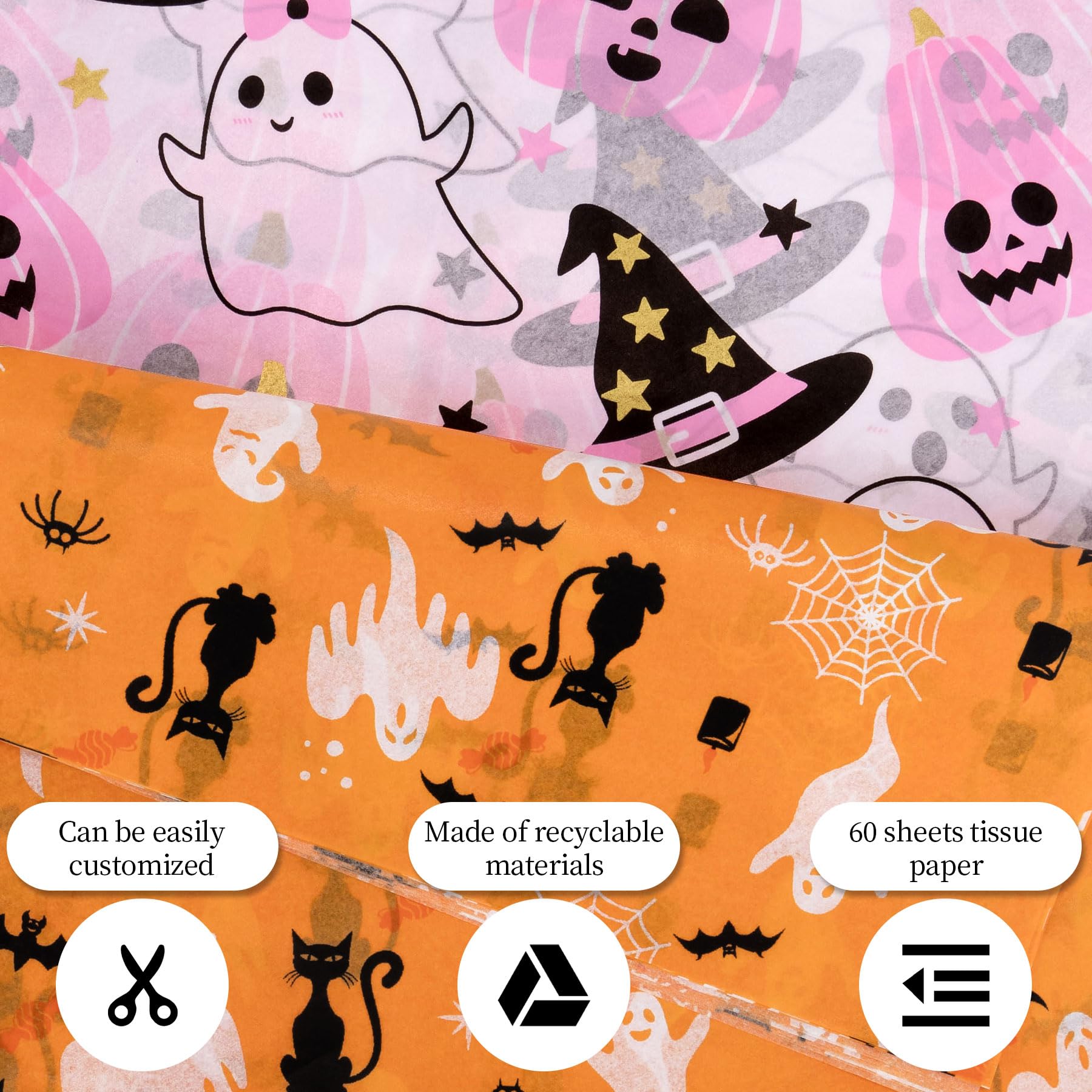 Rancco 60 Sheet Halloween Tissue Paper, Gift Wrapping Paper, Pink Pumpkin Ghost Decorative Tissue Paper for Home Holiday Birthday Party, DIY Craft Paper for Halloween, 19.7×11.8''