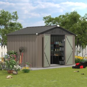 gs chier 8’x10’ outdoor storage shed, outdoor metal storage shed，metal garden tool storage shed with lockable door and air vents, large metal sheds for backyard, patio, law, brown