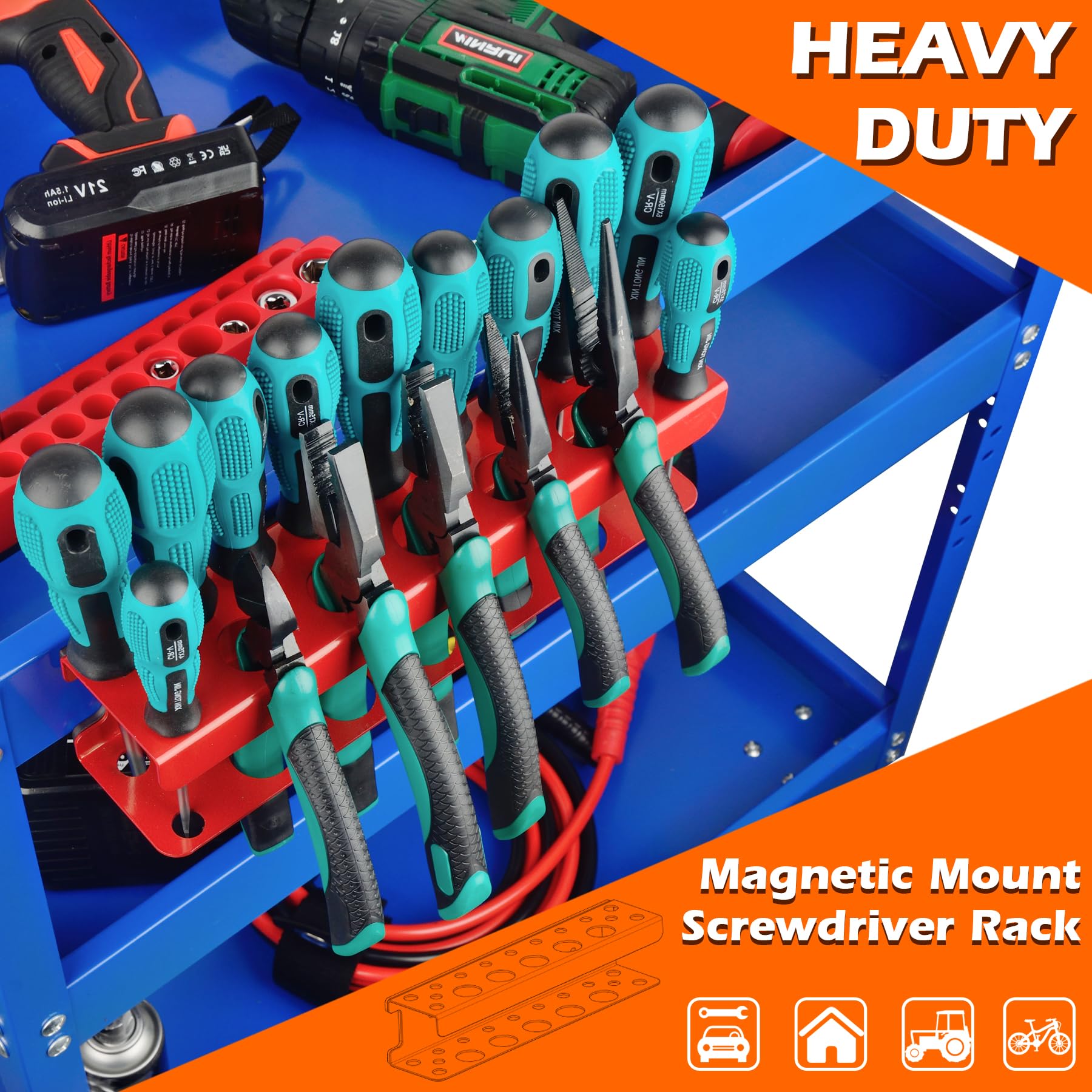 MUTUACTOR Magnetic Screwdriver Rack,1PCS Heavy Duty Magnetic Mount Red Screwdriver Organizer,Magnetic Tool Holder Durable Storage Holder for Multiple Screwdriver Plier Shear Tool Chest Cart Workbench