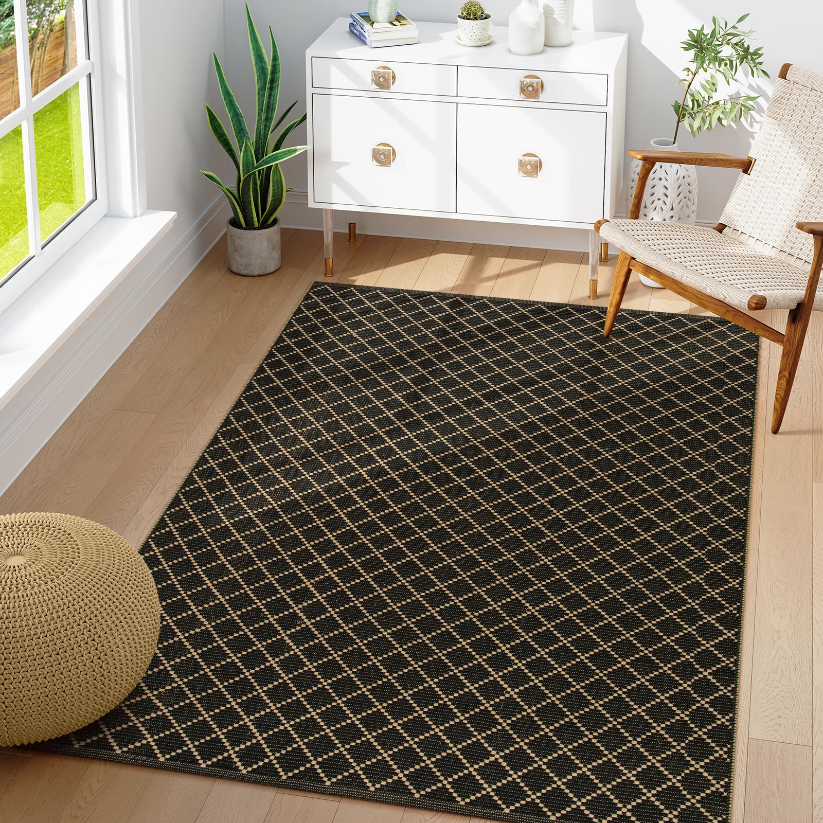 Lahome Checkered Rug, 3x5 Black Area Rug for Bedroom Washable Cotton Office Living Room Rug, Boho Checkerboard Rug Lightweight Black Carpet for Dorm Entry