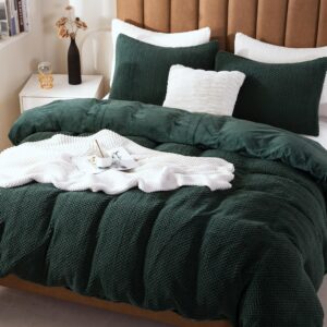 clouds hug duvet cover queen - herringbone fleece thick warm bedding, fuzzy soft cozy queen duvet cover for all seasons, 3 pieces home bedding duvet cover (dark green, queen, 90x90)