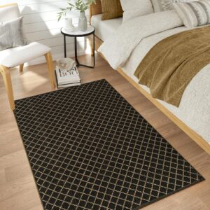 Lahome Checkered Rug, 3x5 Black Area Rug for Bedroom Washable Cotton Office Living Room Rug, Boho Checkerboard Rug Lightweight Black Carpet for Dorm Entry