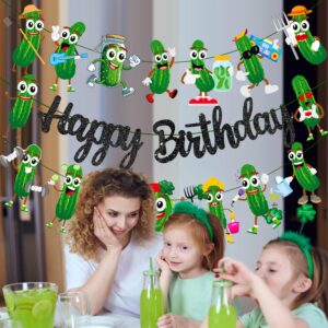 Funny Pickle Birthday Party Decorations Black Happy Birthday Banner Green Pickle Cucumber Theme Garland Cute Cucumber Birthday Banner Decorations for Kind of a Big Dill Party Baby Shower Supplies