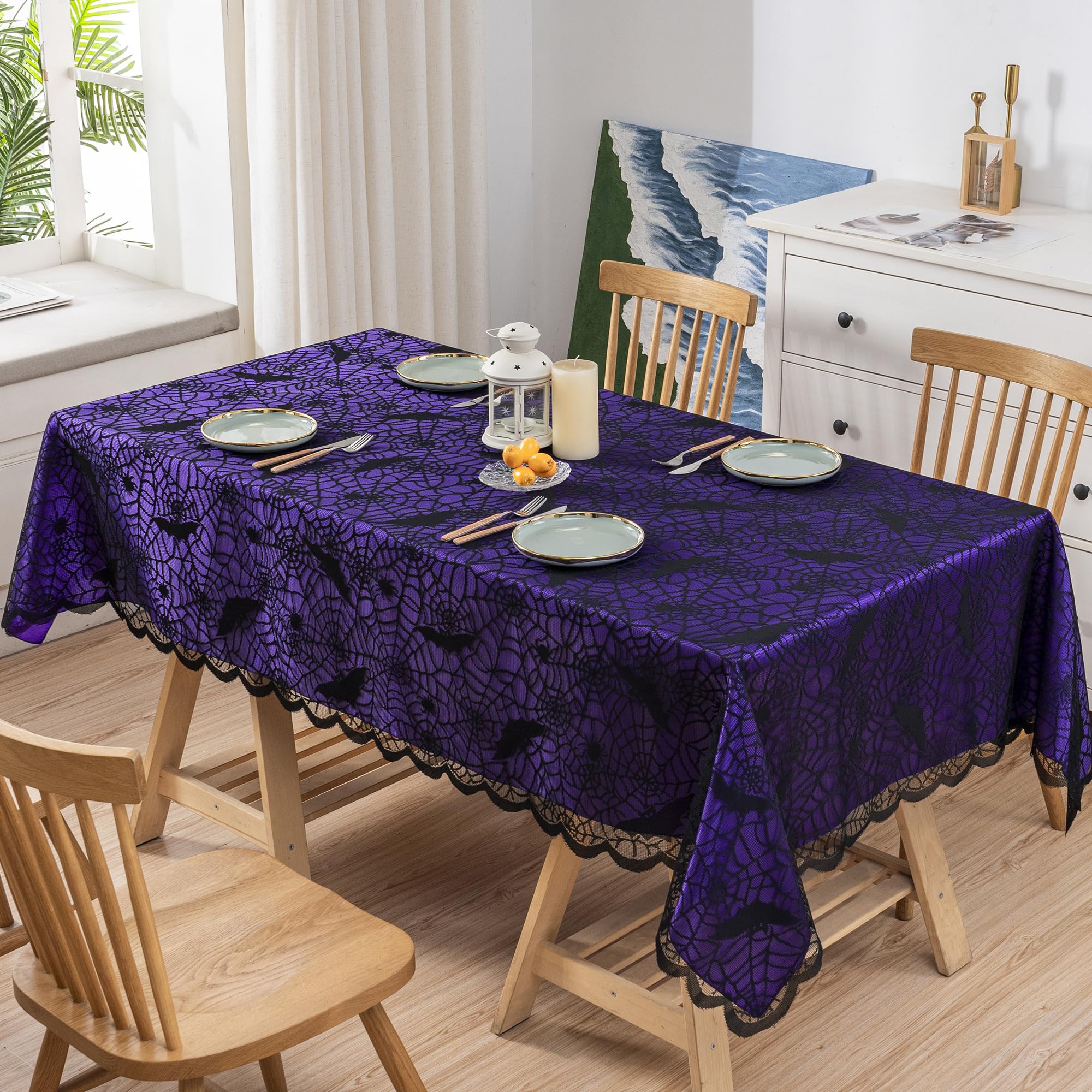 Obstal 2PCS Halloween Tablecloth - Purple Table Cloth & Black Lace with Bat Spider Decor Overlay, 60" L x 84" W Rectangular Table Covers for Parties, Events & Spooky Decorations