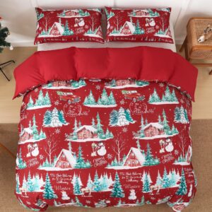 Dobuyly Christmas Duvet Cover Set Queen Size Christmas Tree Reindeer Snowman Pattern Duvet Cover with 2 Pillowcases Soft Microfiber Red Bedding Set for Holiday New Year Gift(3Pcs, 90"x90")