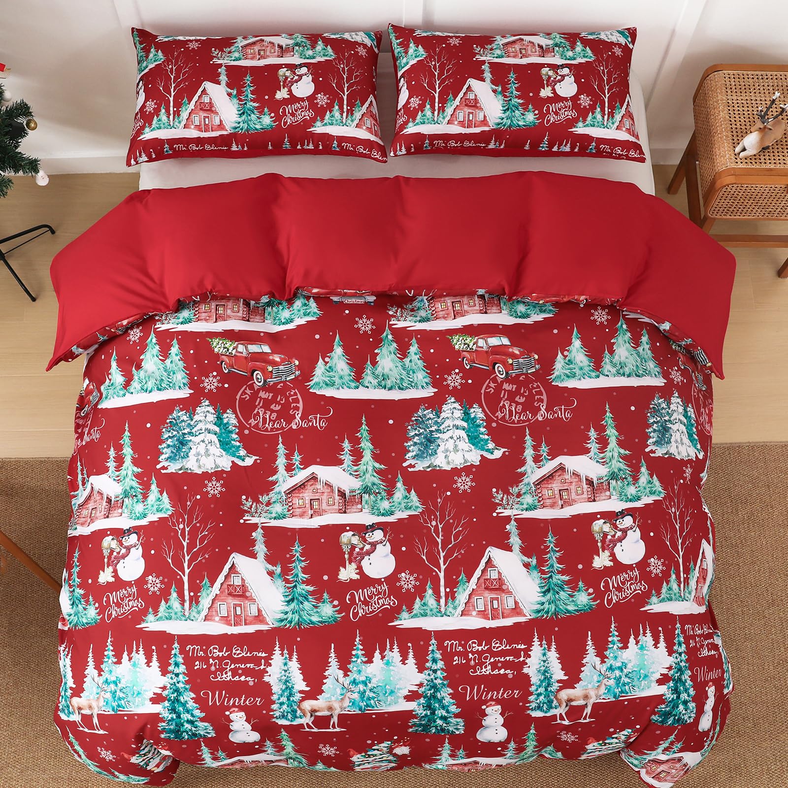 Dobuyly Christmas Duvet Cover Set Queen Size Christmas Tree Reindeer Snowman Pattern Duvet Cover with 2 Pillowcases Soft Microfiber Red Bedding Set for Holiday New Year Gift(3Pcs, 90"x90")