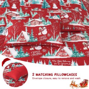 Dobuyly Christmas Duvet Cover Set Queen Size Christmas Tree Reindeer Snowman Pattern Duvet Cover with 2 Pillowcases Soft Microfiber Red Bedding Set for Holiday New Year Gift(3Pcs, 90"x90")