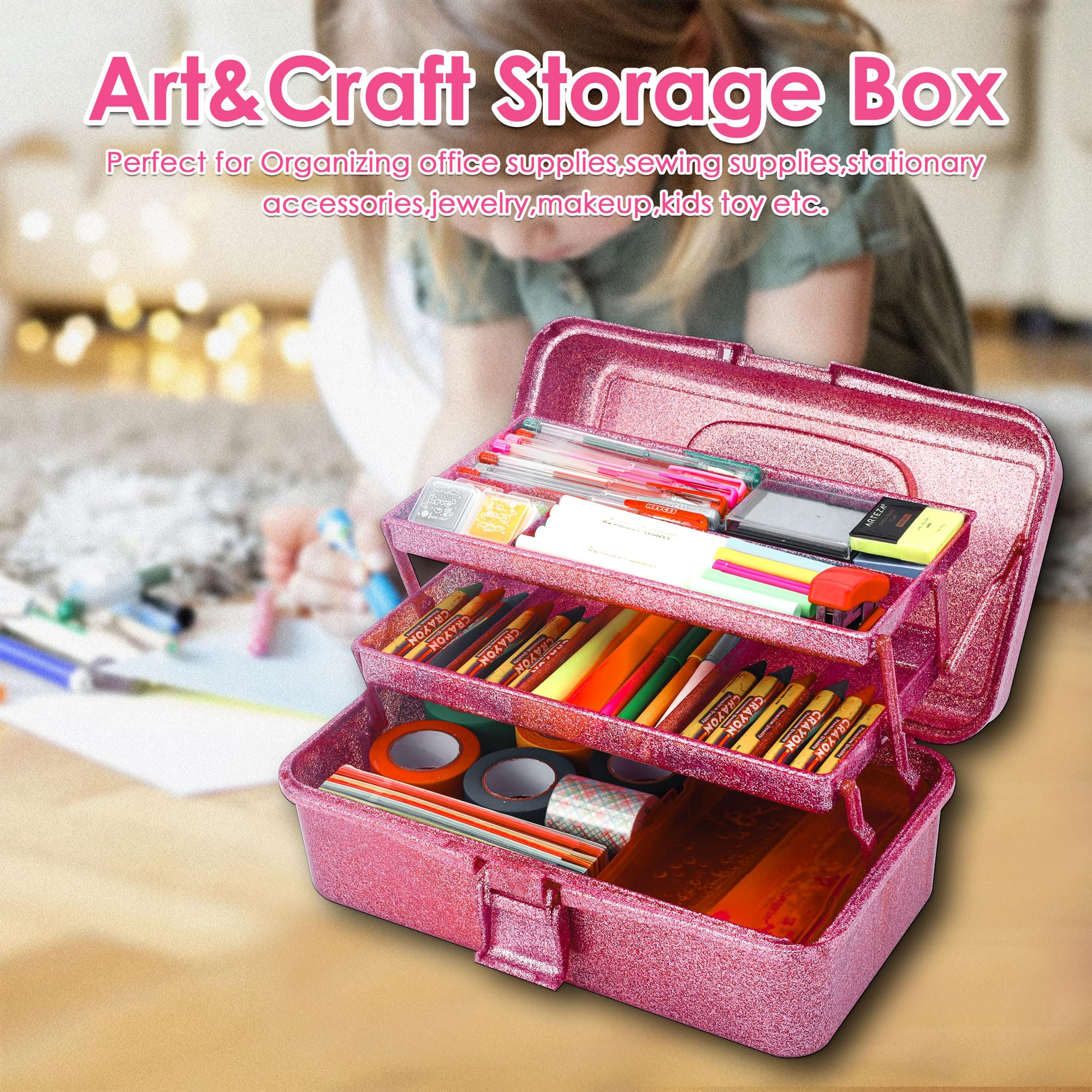 Glitter Pink Three-Layer Multipurpose Art&Craft Tool Storage Box,Carry Tackle Box Sewing Box Organizer,Medicine box,Cosmetic box,art supply box