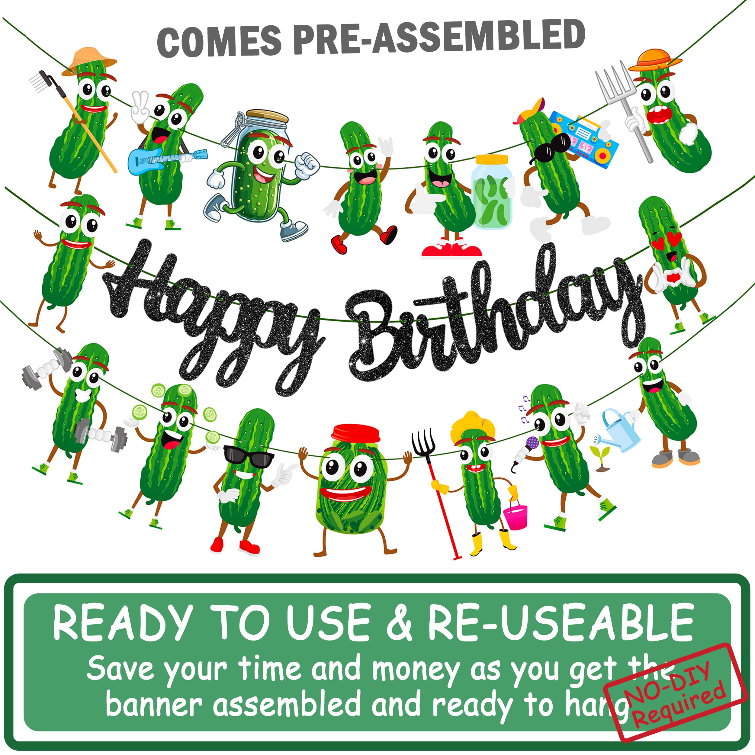 Funny Pickle Birthday Party Decorations Black Happy Birthday Banner Green Pickle Cucumber Theme Garland Cute Cucumber Birthday Banner Decorations for Kind of a Big Dill Party Baby Shower Supplies