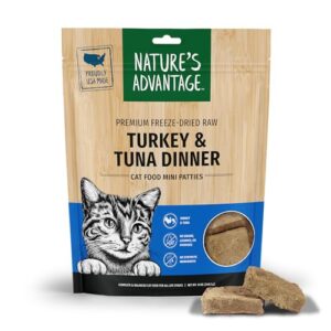 nature's advantage freeze-dried raw turkey & tuna dinner cat food mini patties, 12 oz | grain free, high protein nutrition