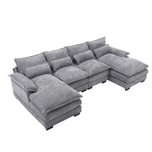 6 Seater Overstuffed Modular Sectional Sofa Cloud Couch with Double Chaise Lounge, U Shaped Chenille Upholstered Leisure Sofa&Couches with Memory Foam and Waist Pillows for Living Room Office