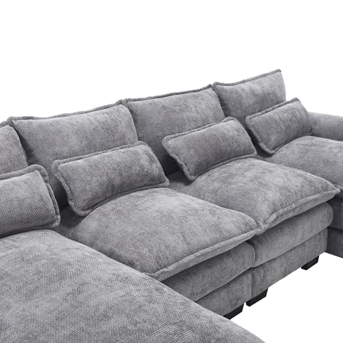 6 Seater Overstuffed Modular Sectional Sofa Cloud Couch with Double Chaise Lounge, U Shaped Chenille Upholstered Leisure Sofa&Couches with Memory Foam and Waist Pillows for Living Room Office