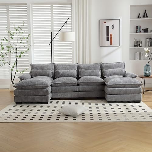 6 Seater Overstuffed Modular Sectional Sofa Cloud Couch with Double Chaise Lounge, U Shaped Chenille Upholstered Leisure Sofa&Couches with Memory Foam and Waist Pillows for Living Room Office