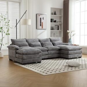 6 Seater Overstuffed Modular Sectional Sofa Cloud Couch with Double Chaise Lounge, U Shaped Chenille Upholstered Leisure Sofa&Couches with Memory Foam and Waist Pillows for Living Room Office