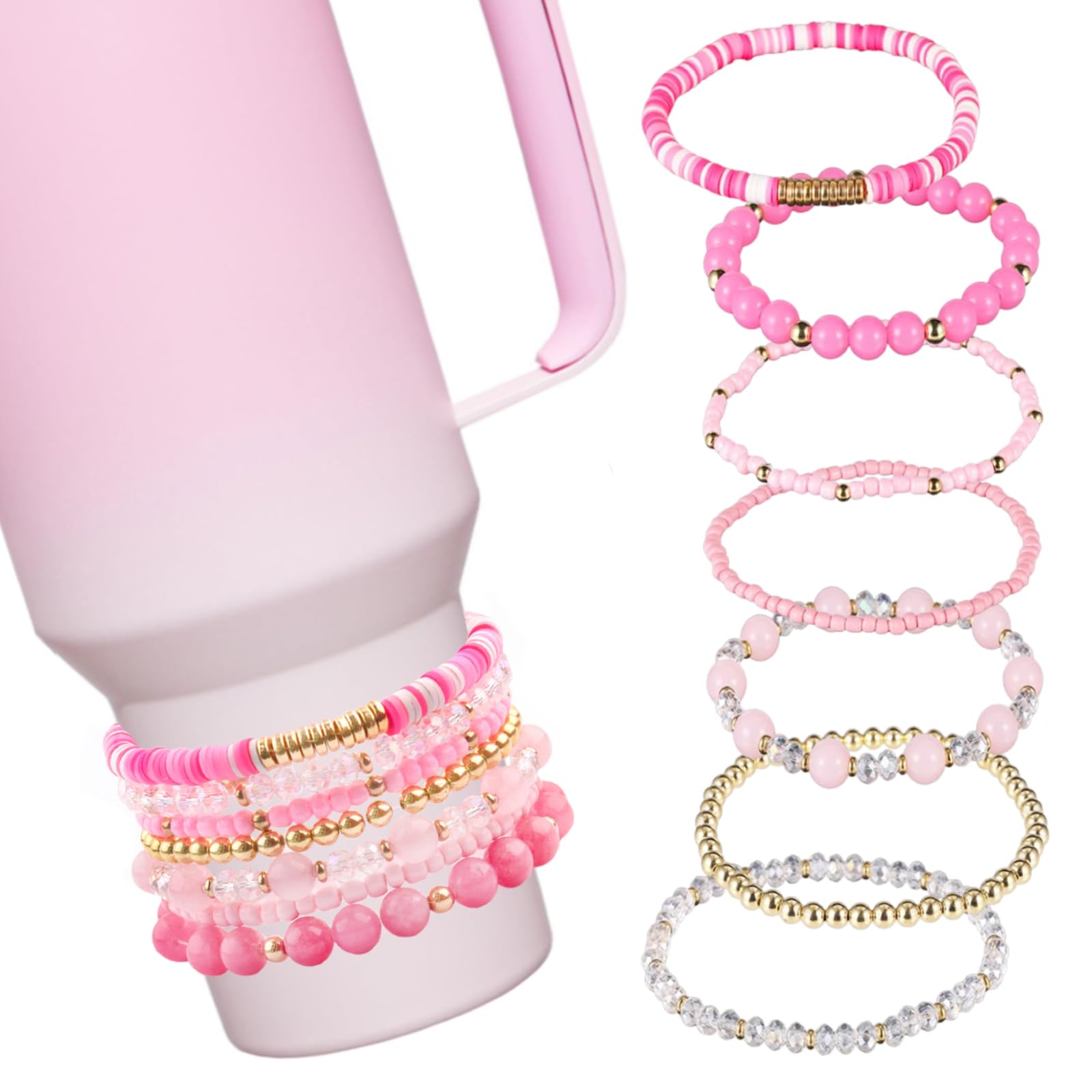 Bracelets for Stanley Cup Accessories, 7Pcs for Stanley Cup 40 oz&30 oz, Attachments for Stanley Decorations (Pink)