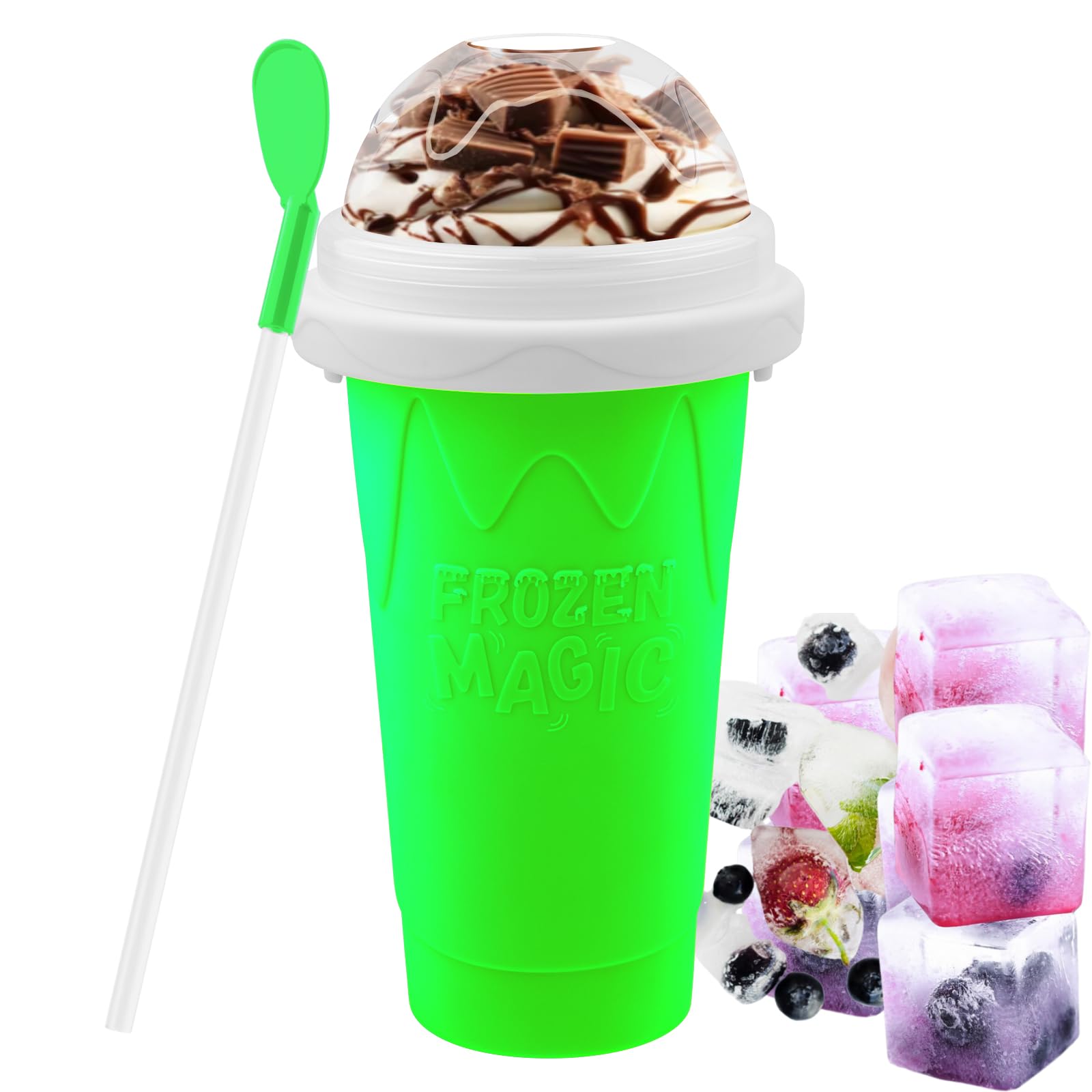 Slushy Maker Cup - DIY Magic Slushy Maker Squeeze Cup, Portable Smoothie Squeeze Cup for Juices, Milk and Ice Cream Make, Double Layers Silicone Slushie Cup with Straw for Friends,Family Gifts (green)