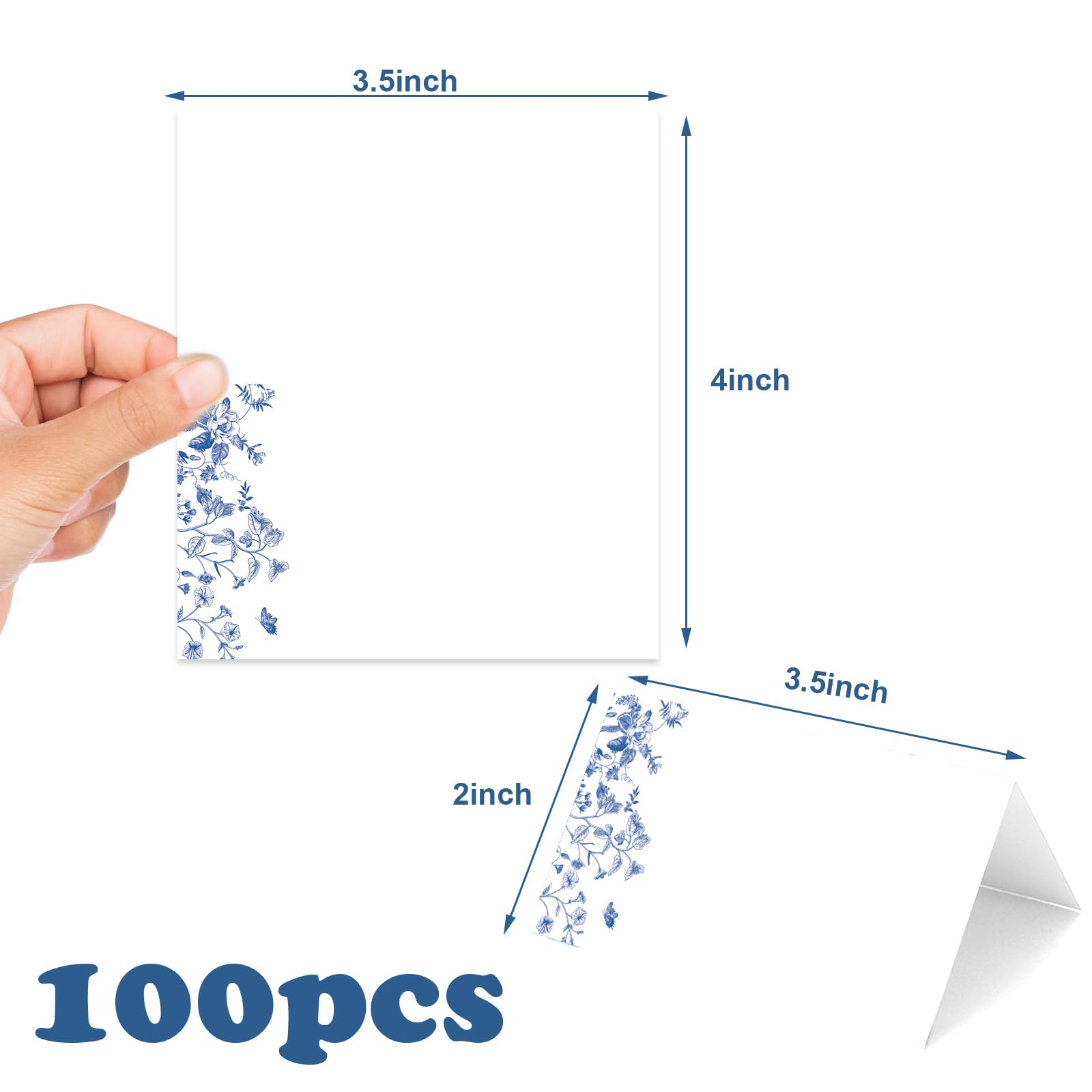 JarThenaAMCS 100Pcs Blue Floral Place Cards 3.5 x 2 Inch Chinoiserie Flower Tented Cards Seating Cards for Party Table Setting Supplies