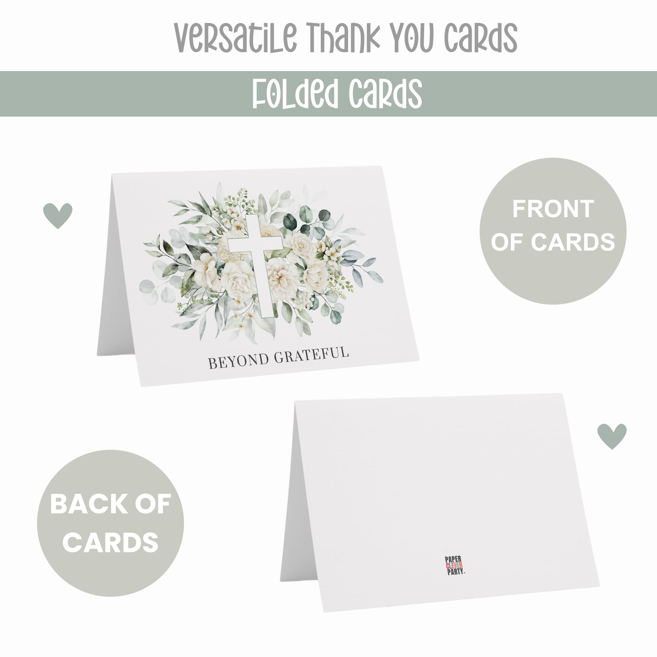 Rustic Elegance Thank You Cards with Envelopes (25 Pack) All Occasion Notecards Perfect for Baptism, Funeral, Religious Ceremonies, Sympathy - White Floral with Cross & Greenery Folded Stationery Set