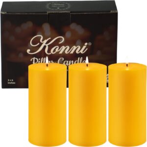 konni yellow pillar candles set of 3, 3"x 6" unscented pillar candles bulk, 56 hours long burning candles, smokeless&dripless large round candle for wedding, home decoration, parties, spas, dinner