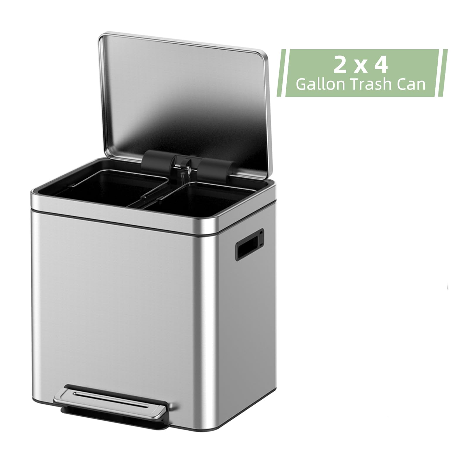 GarveeHome 30L/8 Gallon Dual Trash Can, Rectangular Waste Basket with Metal Lid & Step Foot Pedal, Double Compartment Classified Garbage Can, Stainless Steel Trash Can with Removable Inner Bucket