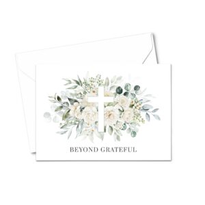 rustic elegance thank you cards with envelopes (25 pack) all occasion notecards perfect for baptism, funeral, religious ceremonies, sympathy - white floral with cross & greenery folded stationery set