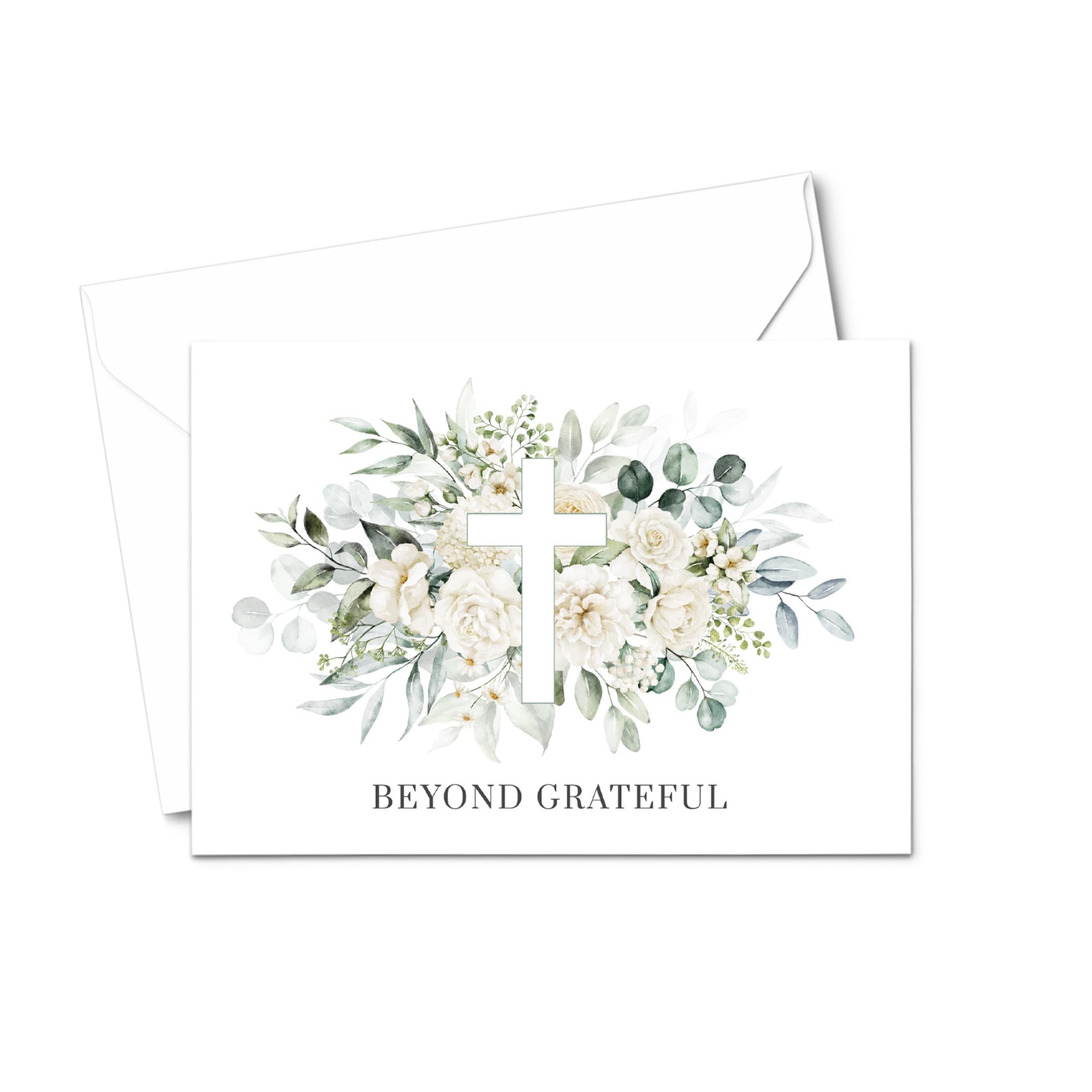 Rustic Elegance Thank You Cards with Envelopes (25 Pack) All Occasion Notecards Perfect for Baptism, Funeral, Religious Ceremonies, Sympathy - White Floral with Cross & Greenery Folded Stationery Set