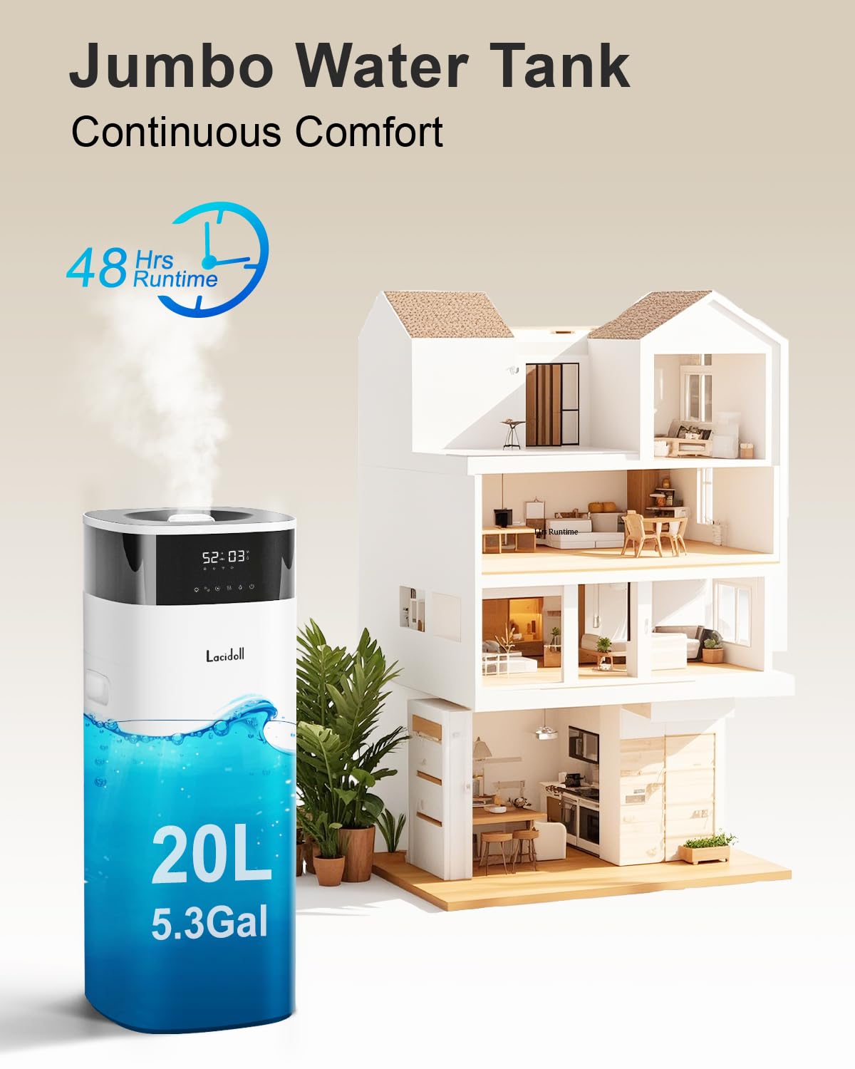 LACIDOLL Humidifier Large Room 5.3Gal/20L - Cool and Warm Mist Humidifiers for Home 3000 sq ft, Air Humidifiers for Bedroom with Diffuser&Extended Tube, Whole House Humidifiers for Nursery Baby Plants