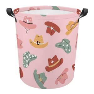 tsytma lovely pink cowgirl hats laundry basket small collapsible laundry hamper with handles vintage western round dirty clothes hampers for laundry bedroom bathroom