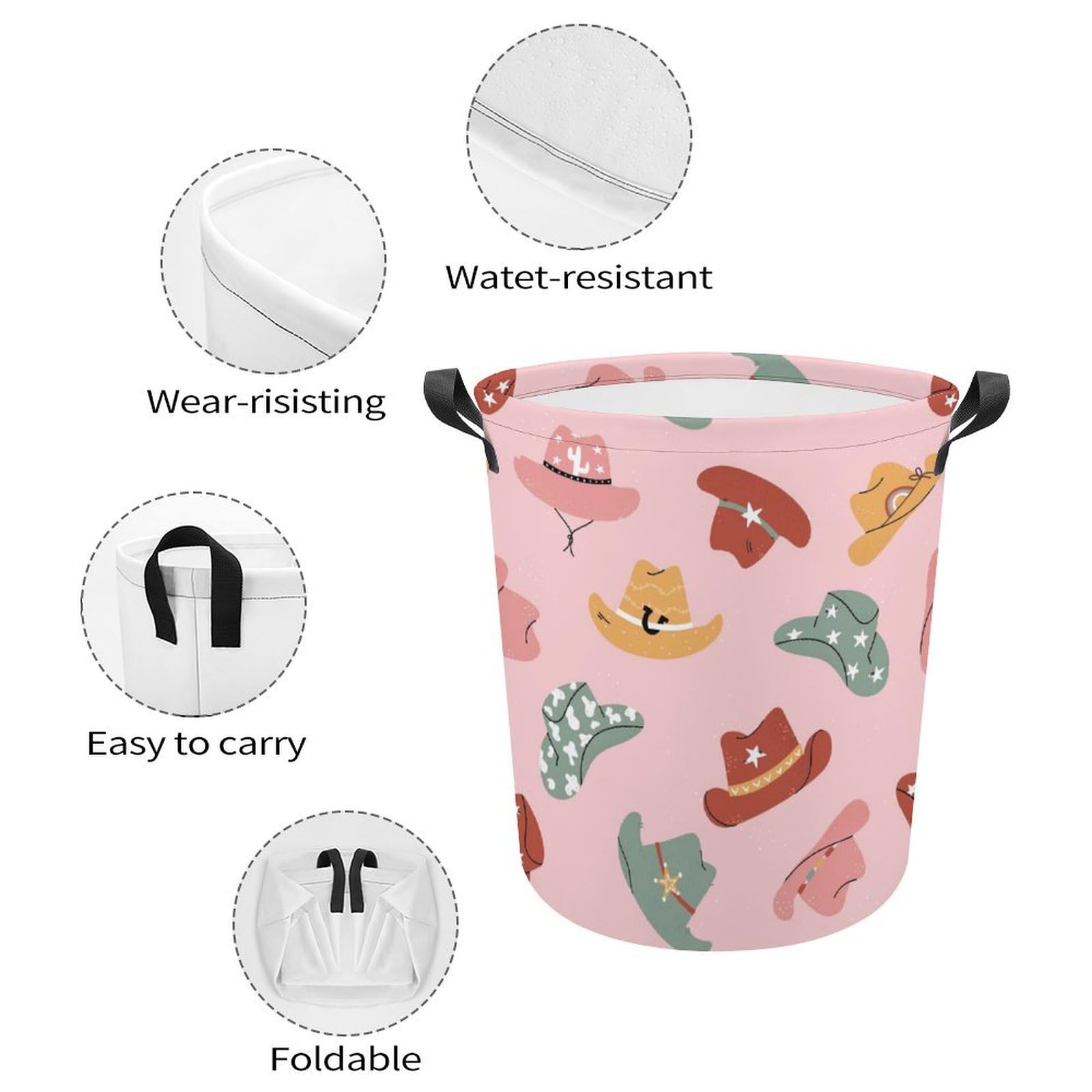 TsyTma Lovely Pink Cowgirl Hats Laundry Basket Small Collapsible Laundry Hamper with Handles Vintage Western Round Dirty Clothes Hampers for Laundry Bedroom Bathroom